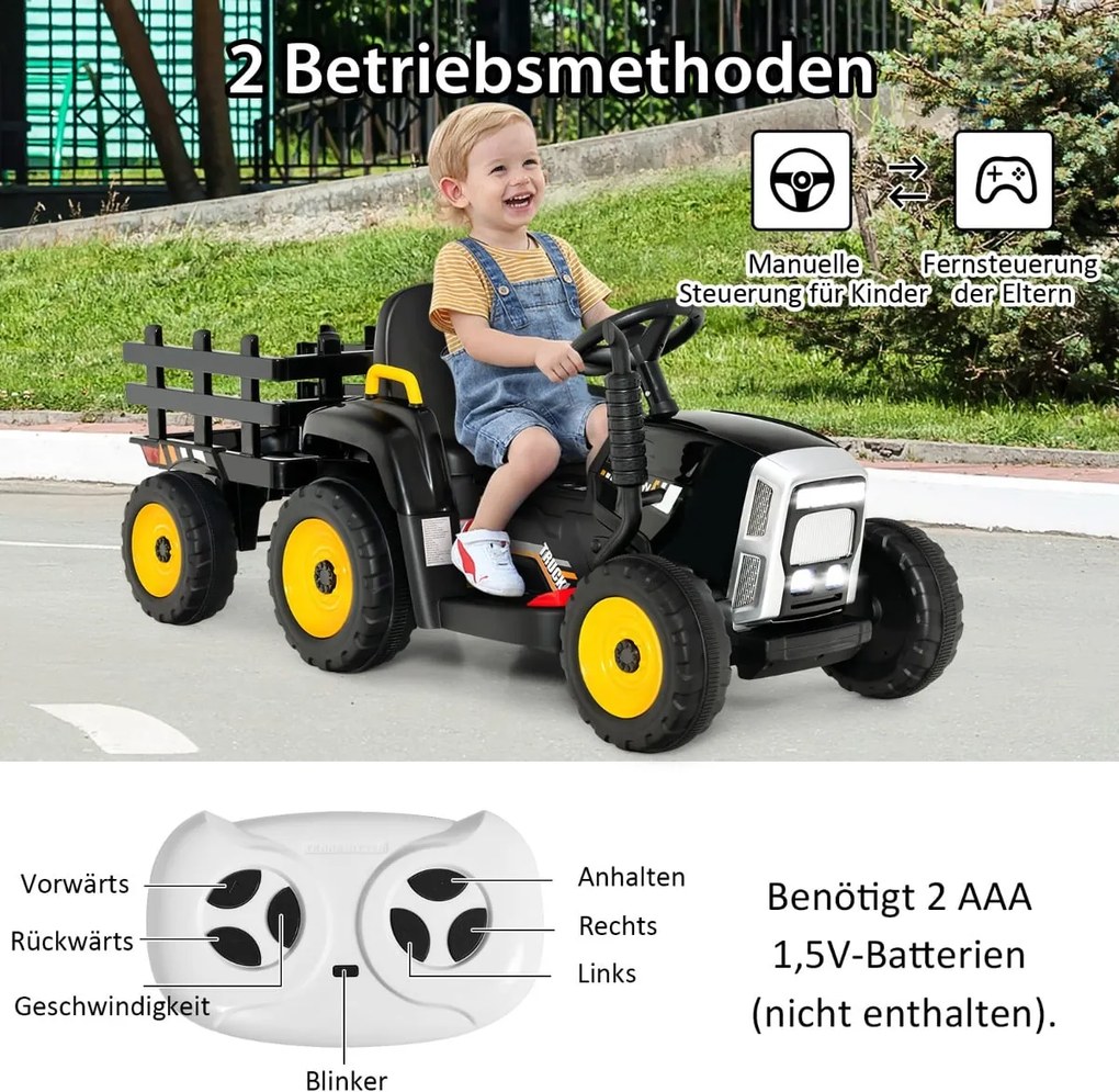 Costway 12 V dětský traktor s odnímatelným přívěsem a dálkovým ovládáním