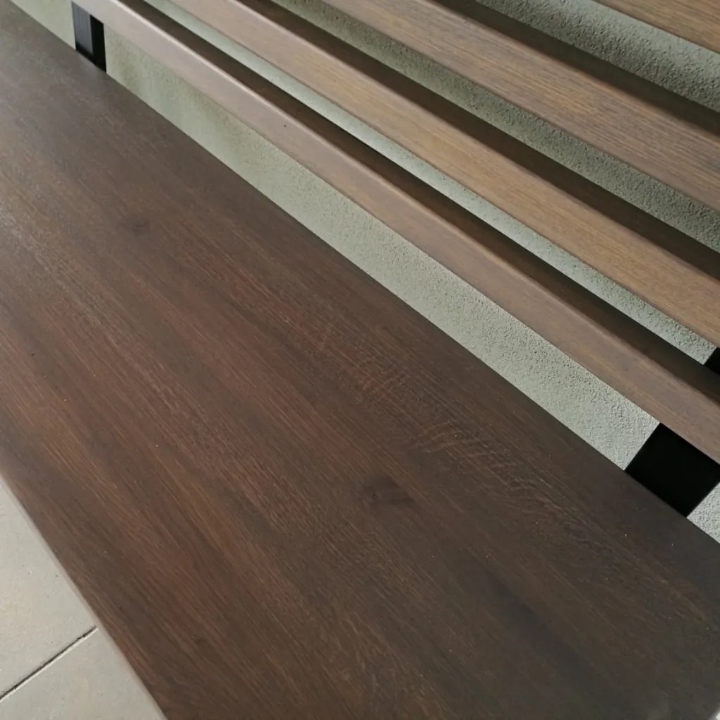 KULHÁNEK Designová zahradní lavice s opěradlem - dlouhá Délka: individuální, Odstín nátěru: lazura - palisandr, Odstín podnože: černá - RAL 9005
