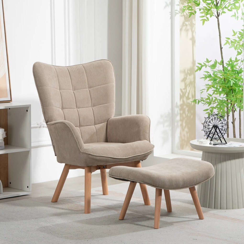 Křeslo HOMCOM s otomanem, vysoké křeslo s opěrkou, dřevěné nohy, lounge křeslo s prošívaným designem, vzhled sametu, pro obývací pokoj, světle hnědé |