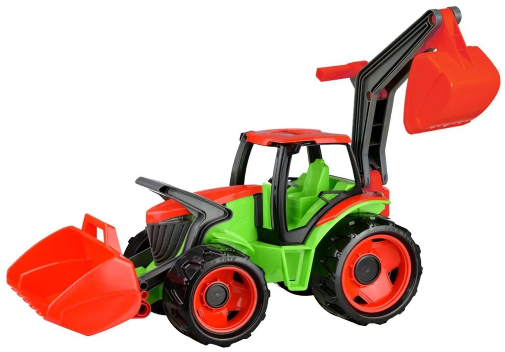 Traktor se lžící a bagrem plast zeleno-červený 65cm v krabici od 3 let