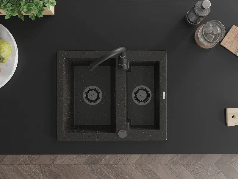 Mexen Carlos, granitový doez 582x475x177 mm, 1,5-komorový, eerná-zlatá metalíza s eerným sifonem, 6518581500-75-B