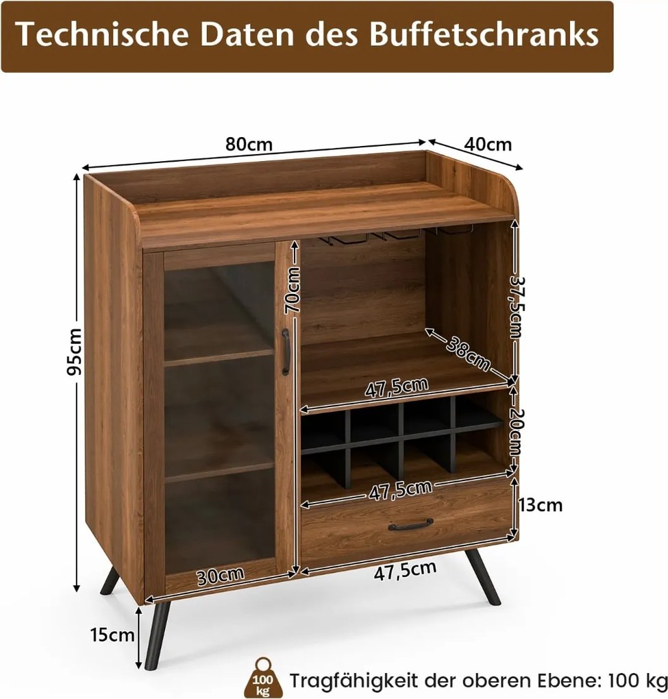 Costway Vinotéka pro domácí lihovinu skříň s dvířky a zásuvkou – 80 × 40 × 95 cm