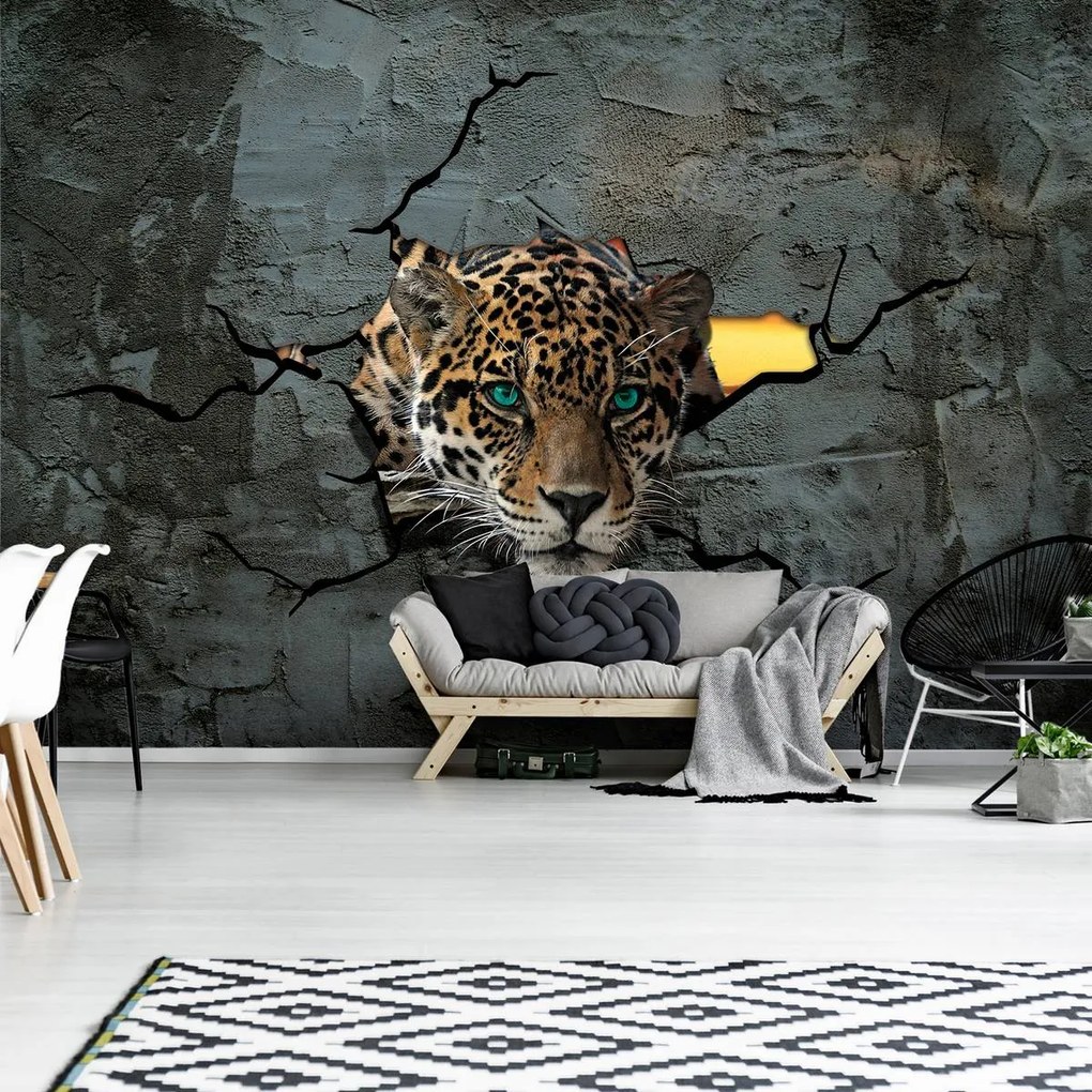 Fototapeta - Jaguar za cementovou zdí (254x184 cm)