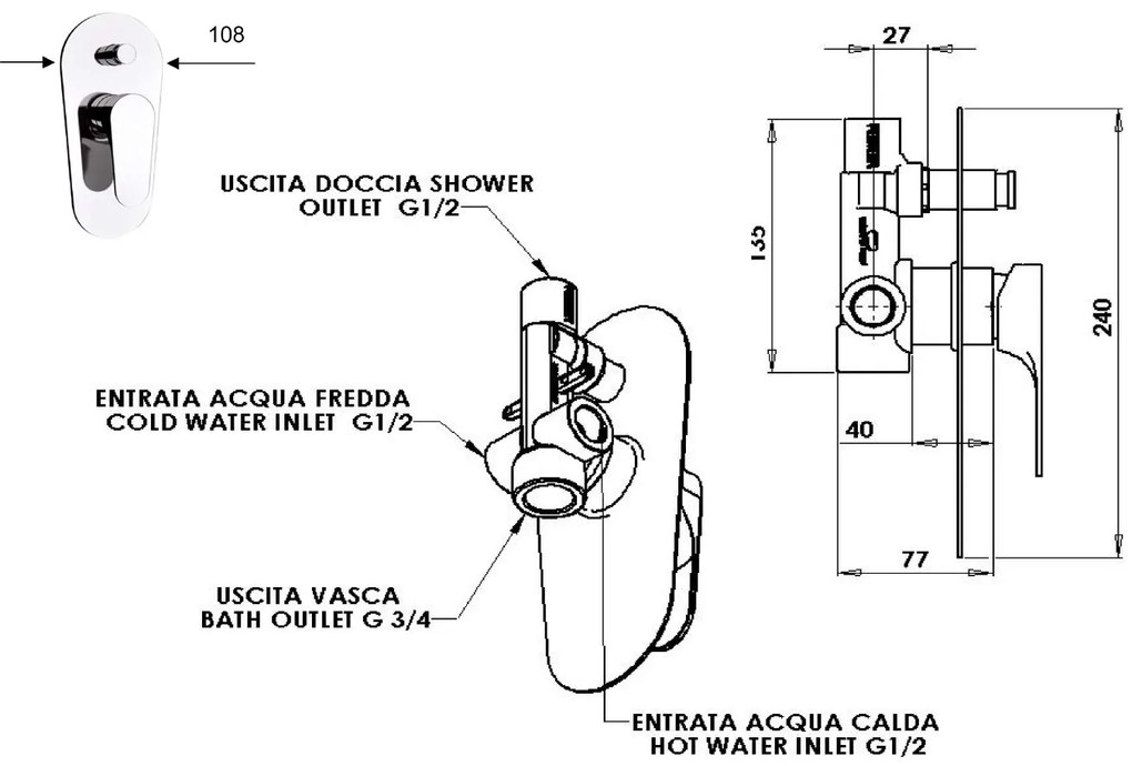 Sapho, CORNELI podomítková sprchová baterie, 2 výstupy, chrom, CE42