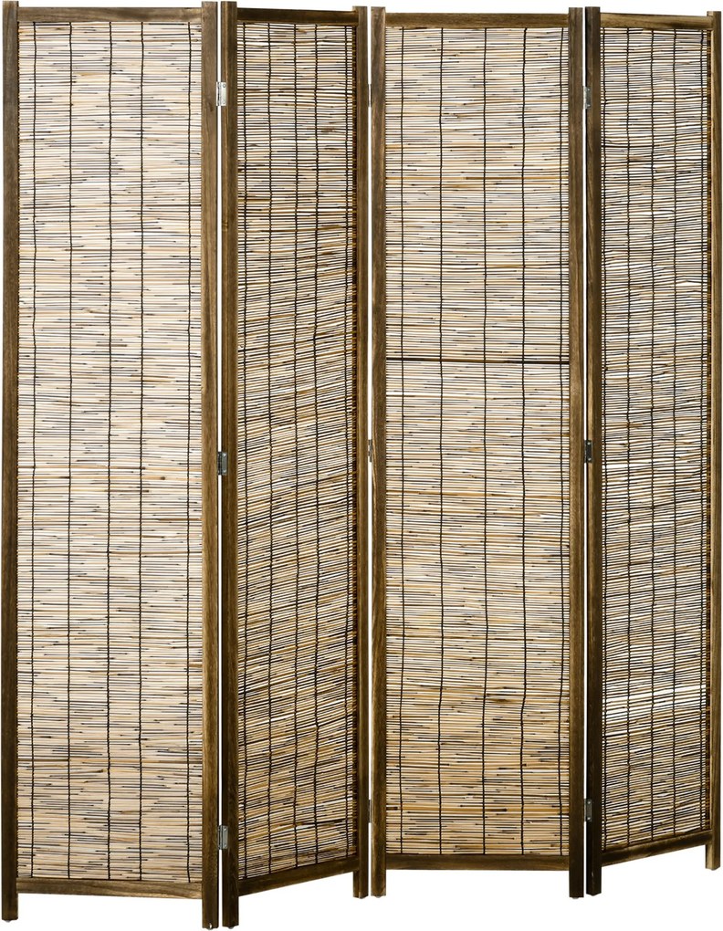 HOMCOM 4-panelový skládací paravan 160 cm x 1.8 cm x 170 cm Rustikální dřevěný a rákosový oddělovač místností pro kancelář, ložnici, obývací pokoj