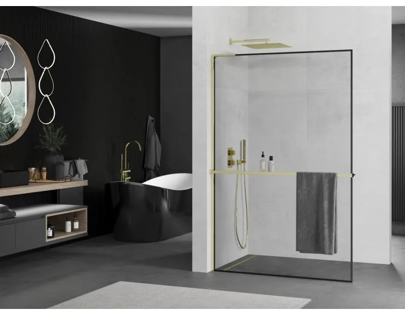 Mexen Kioto+ L, sprchová zástěna Walk-In s poličkou a věšákem 110 x 200 cm, 8mm čiré sklo černý vzor, zlatý lesklý profil, 800-110-123-50-70