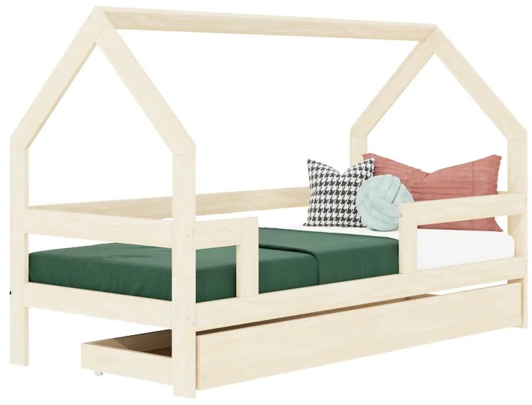 Benlemi Dětská dřevěná postel domeček SAFE 3v1 se zábranou a úložným šuplíkem Zvolte barvu: Béžová, Zvolte rozměr: 90x200 cm, Zvolte zábranu: S jednou zábranou