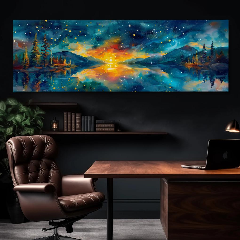Obraz na plátně - Hvězdná noční obloha nad jezerem FeelHappy.cz Velikost obrazu: 150 x 50 cm