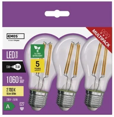 Emos lighting LED žárovka Filament A60 A CLASS/ E27 / 5 W (75 W) / 1 060 lm / teplá bílá 1525283276