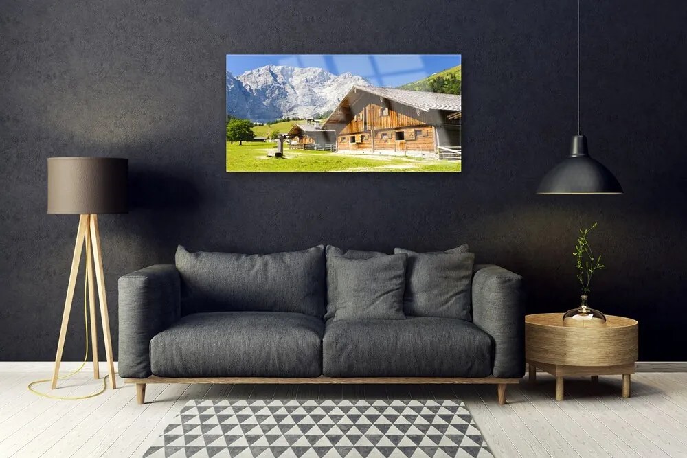 Obraz na skle Dům Hora Krajina 125x50 cm