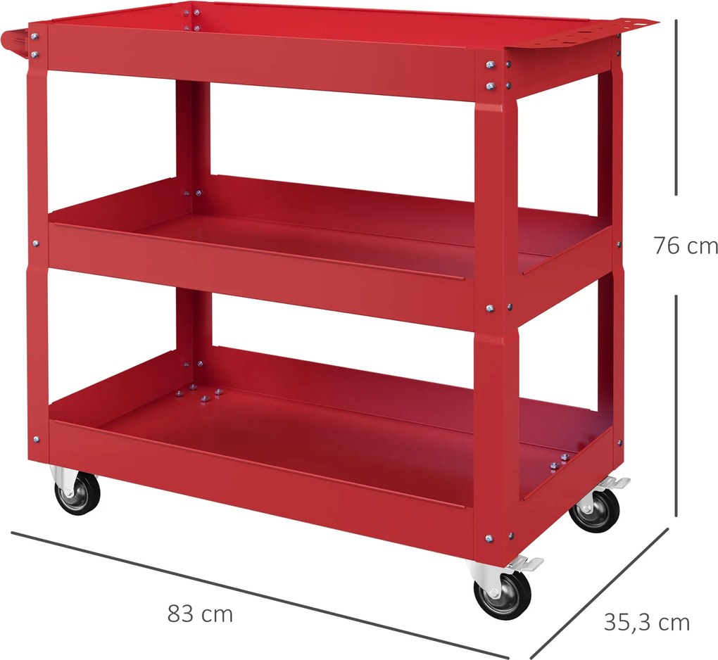DURHAND vozík na nářadí s kolečky, ocelový vozík s 3 skladovacími policemi a bočním madlem pro mechanickou garáž, nosnost 150 kg, 83x35,3x76 cm, červ…