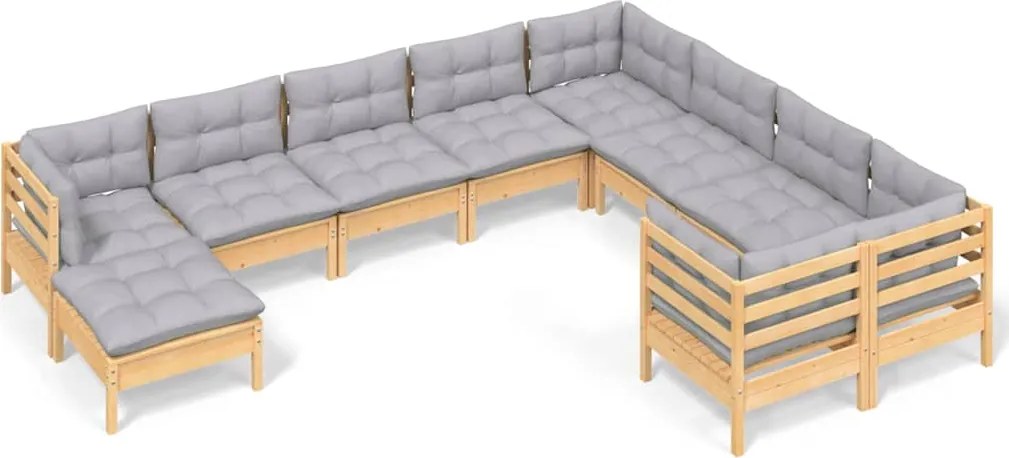 10dílná zahradní sedací souprava s šedými poduškami borovice 3097030