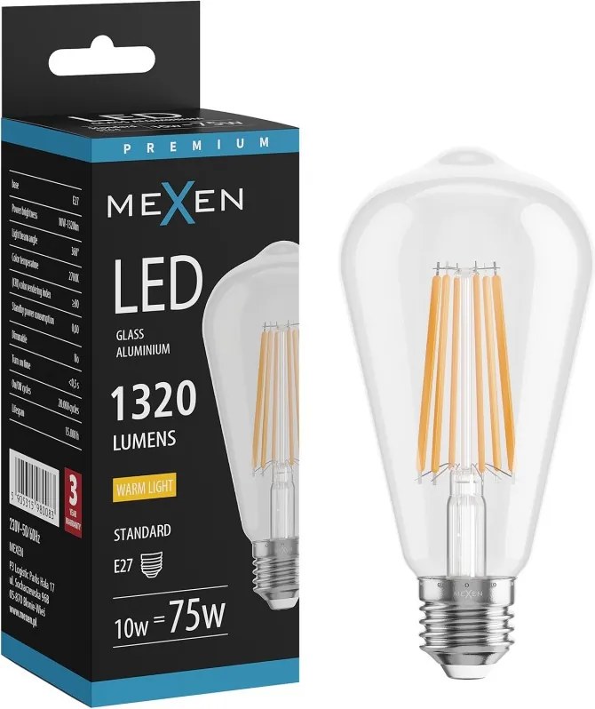 Mexen Vintis, LED filamentová žárovka E27, ST64, 10 W, teplá bílá 2700K, čirá, L152-E27-1027-00