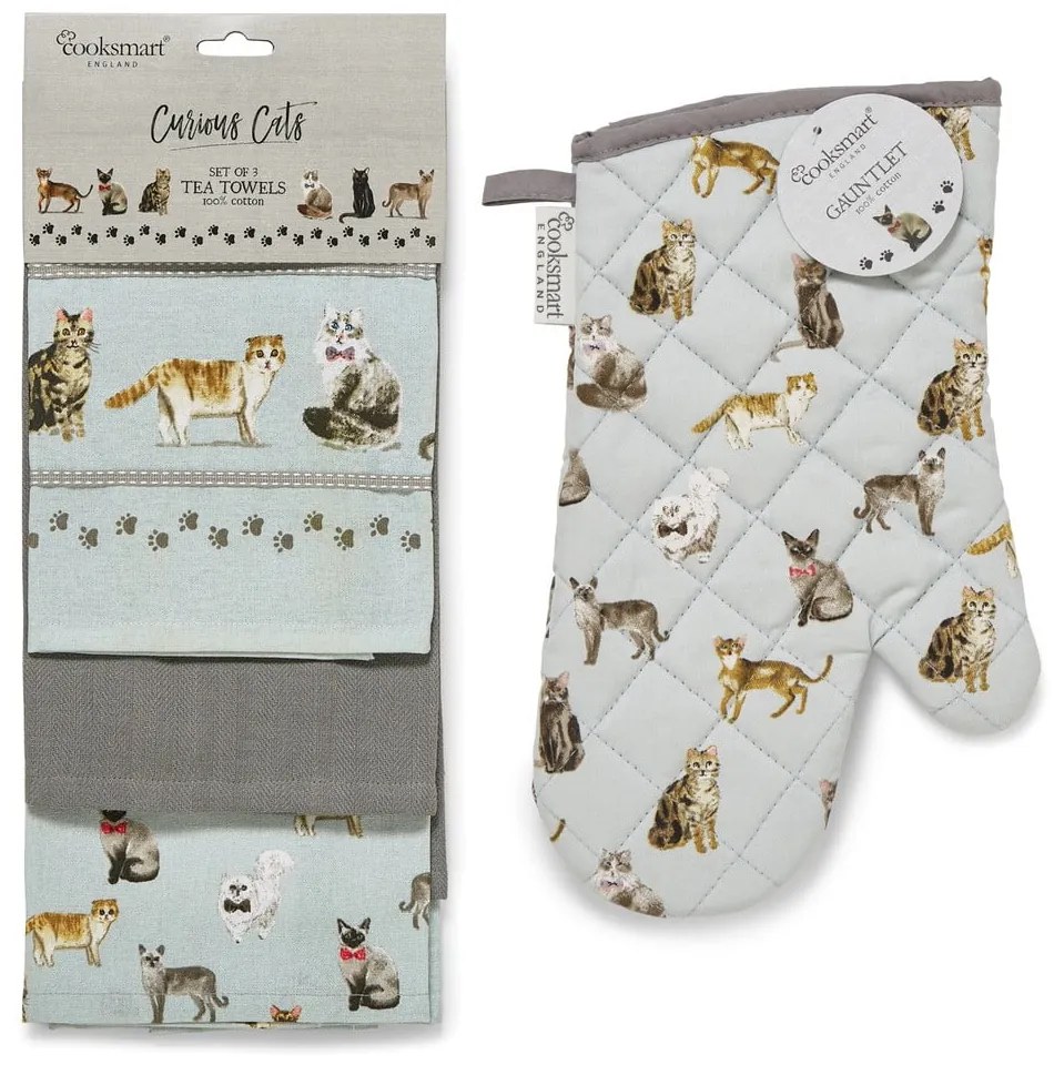 Utěrky a chňapka v sadě 4 ks Curious Cats – Cooksmart ®