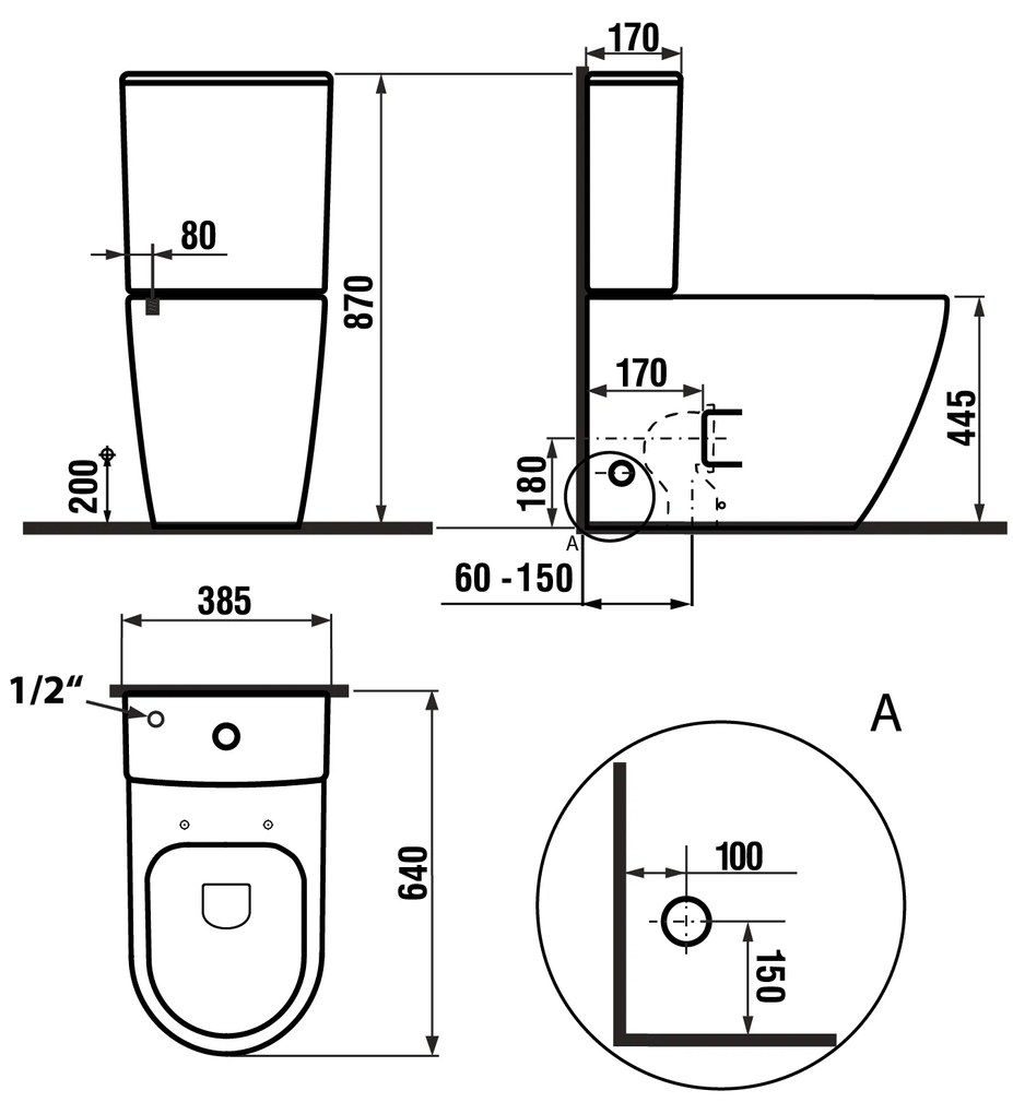 Sapho TURKU RIMLESS WC kombi zvýšený sedák, spodní/zadní odpad, bílá - PC104WR