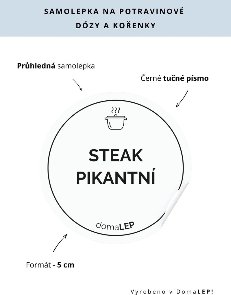 Samolepka na kořenky STEAK PIKANTNÍ průhledná 5 cm tučné písmo