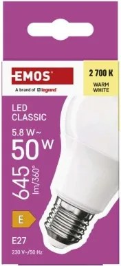 Emos lighting LED žárovka Classic A60 / E27 / 5,8 W (50 W) / 645 lm / teplá bílá 1525733278