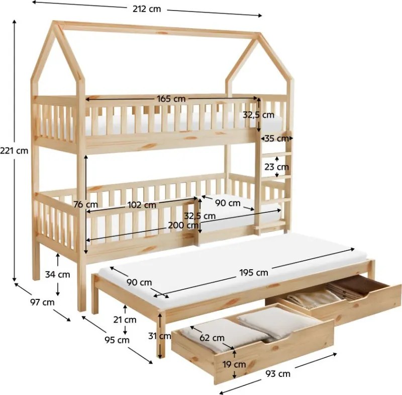 Montessori patrová postel 90x200 s přistýlkou, přírodní, VENITA TYP 1 Kondela 0000396837