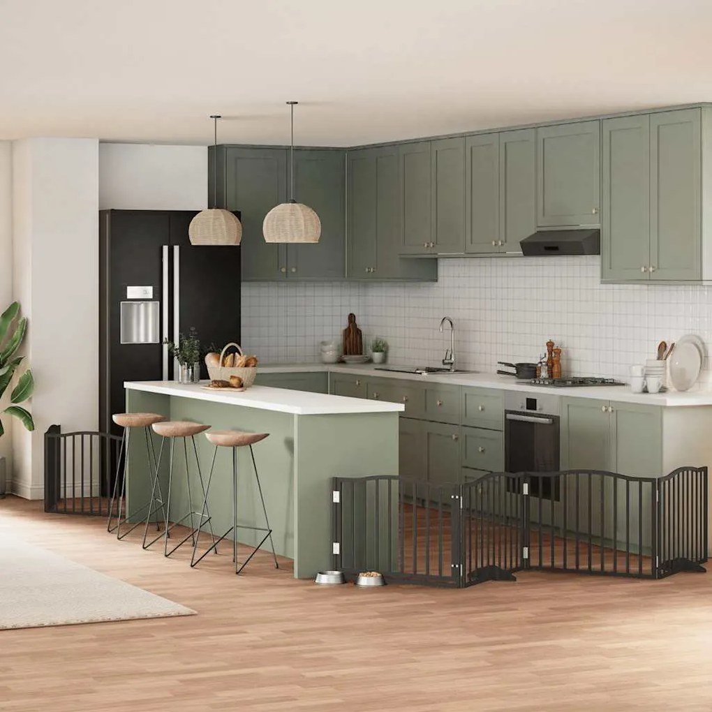 Zábrana pro psy s dvířky skládací 8 panelů černá 640 cm topol 3155626