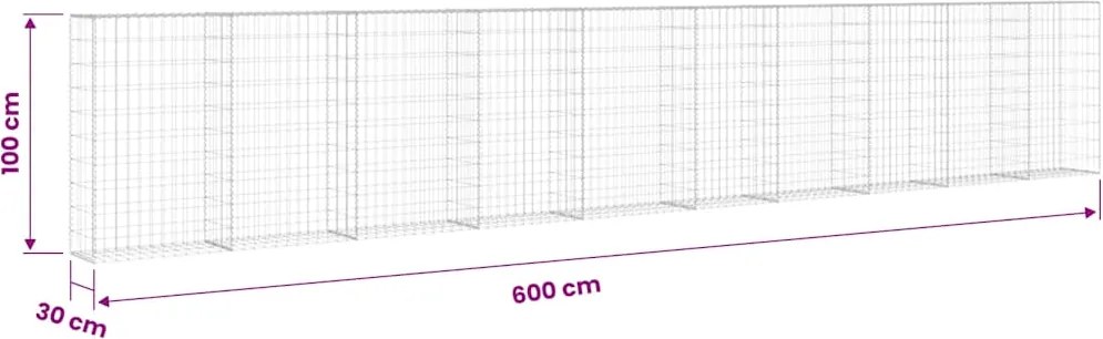 Gabionová zeď s víky z pozinkované oceli 600 x 30 x 100 cm 143584
