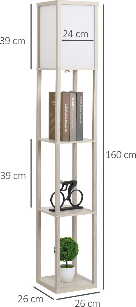 HOMCOM Stojací lampa se 3 policemi Stojací lampa, interiérové osvětlení, E27, do 40W, E1-MDF, akryl, dub+bílá, 26x26x160 cm