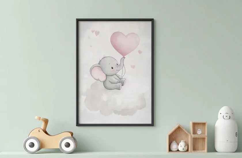 Sloník s balónkem lásky - obraz - Slůně s růžovým srdcem 71 - A2 – 420 × 594 mm - 459 Kč
