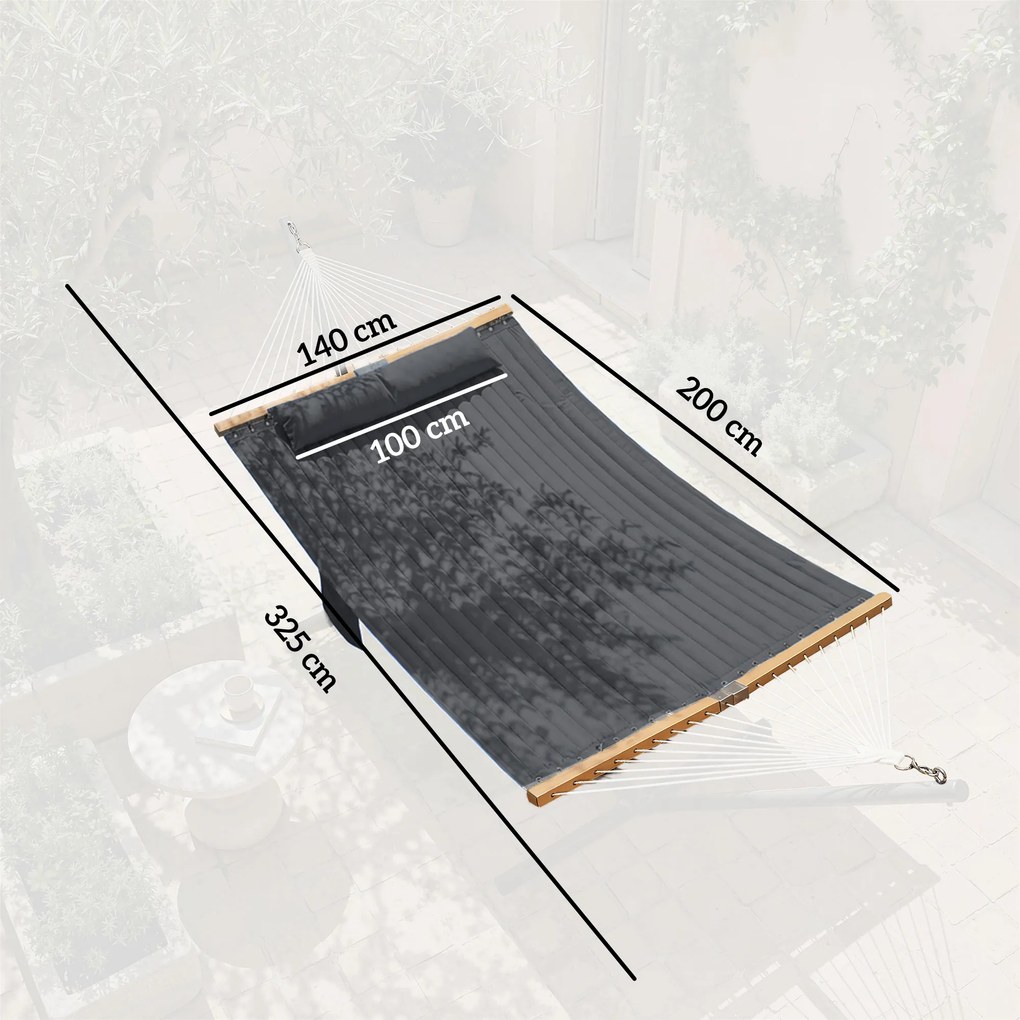 Houpací síť Outdoor 200x140 cm, dvouvrstvá houpací síť s kapsou na zásobník na hlavu, dřevěné tyče do 200 kg