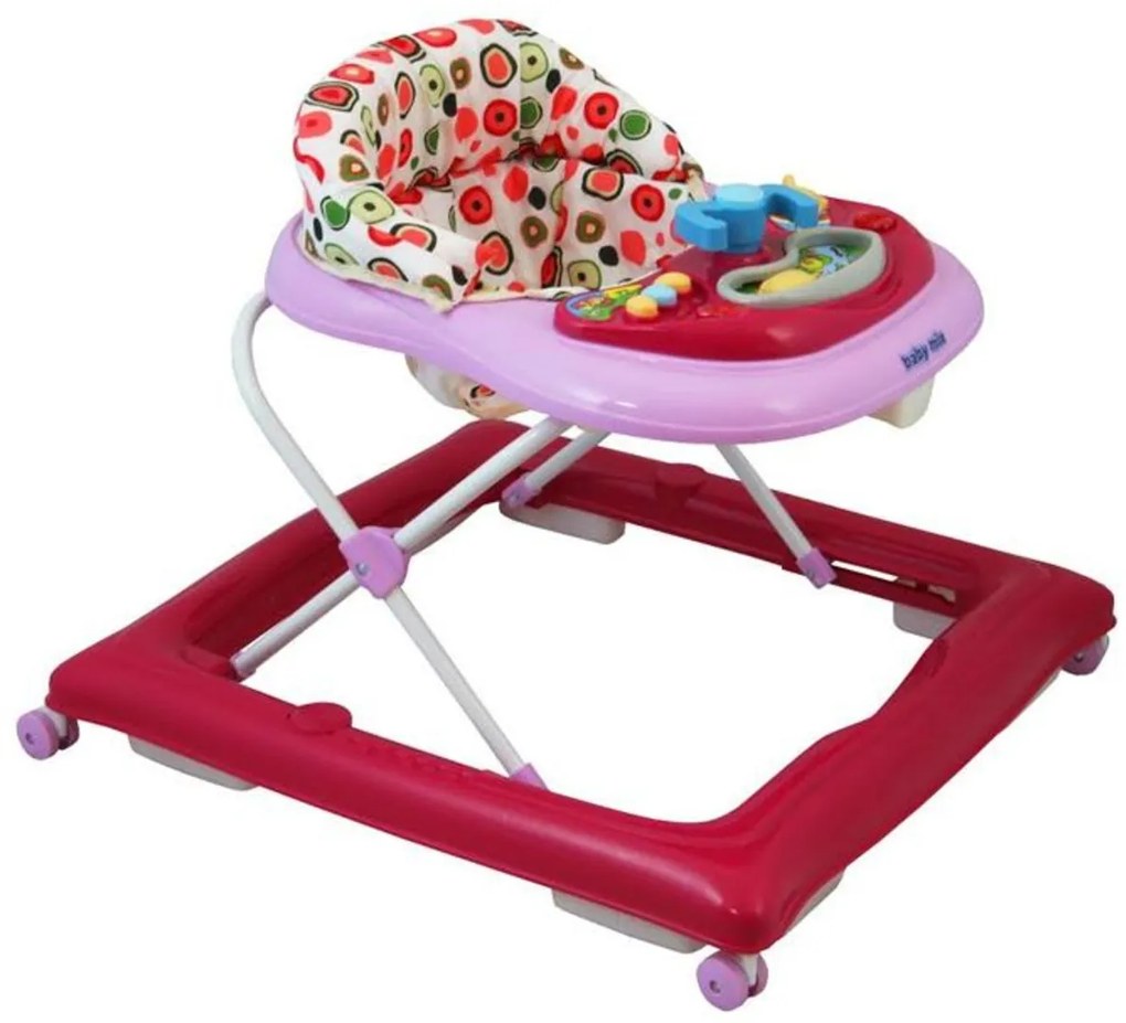 Dětské chodítko Baby Mix s volantem a silikonovými kolečky tmavě růžové