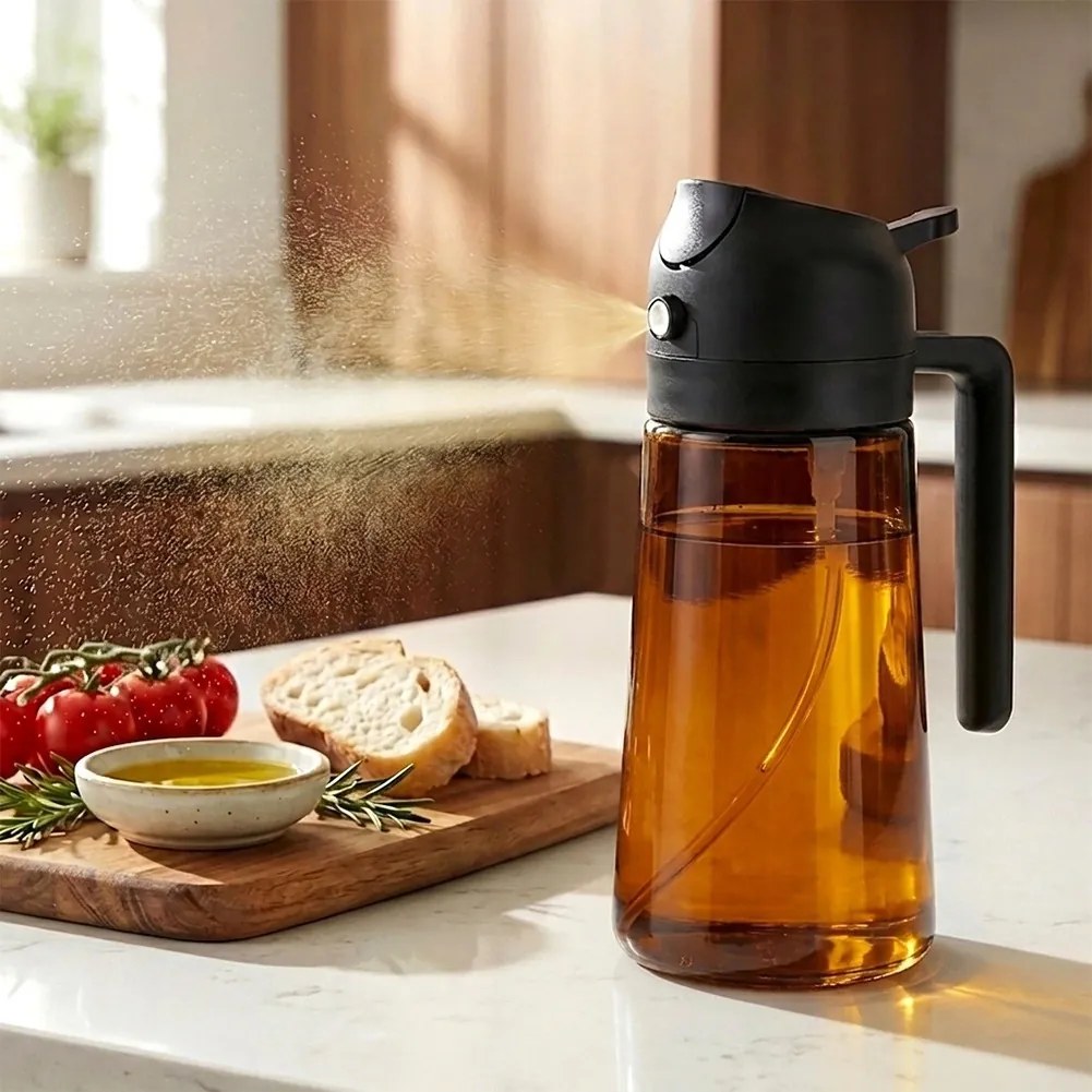 VILDE Skleněný rozprašovač a dávkovač na olej 2v1 450ml - hnědé sklo
