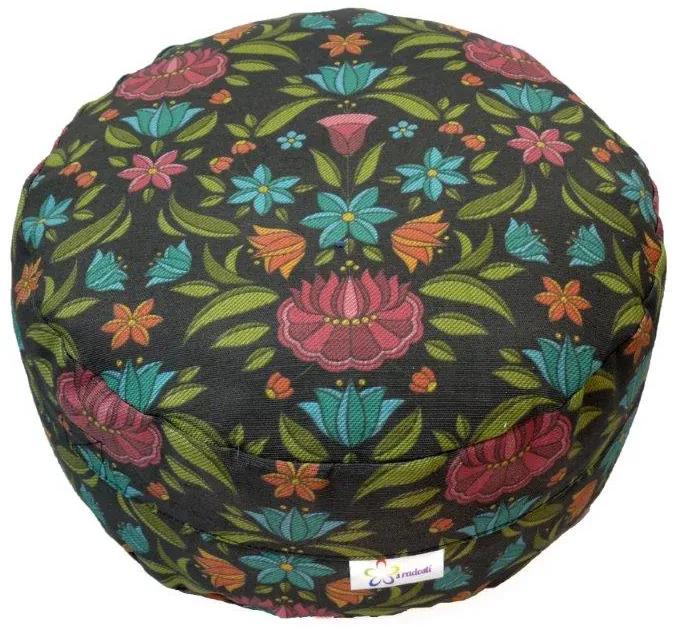 S radostí - vlastní výroba Meditační polštář Lidové květy - tmavé Velikost: ∅30 x v12 cm