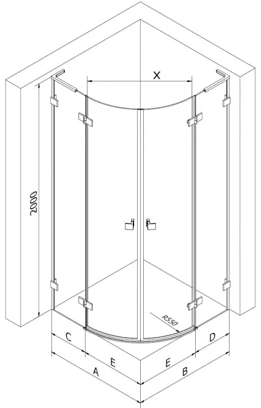 Mexen Lunar, L půlkruhový výklopný sprchový kout 100 x 100 cm, 8mm čiré sklo, černý profil, 833L-100L-100P-70-00