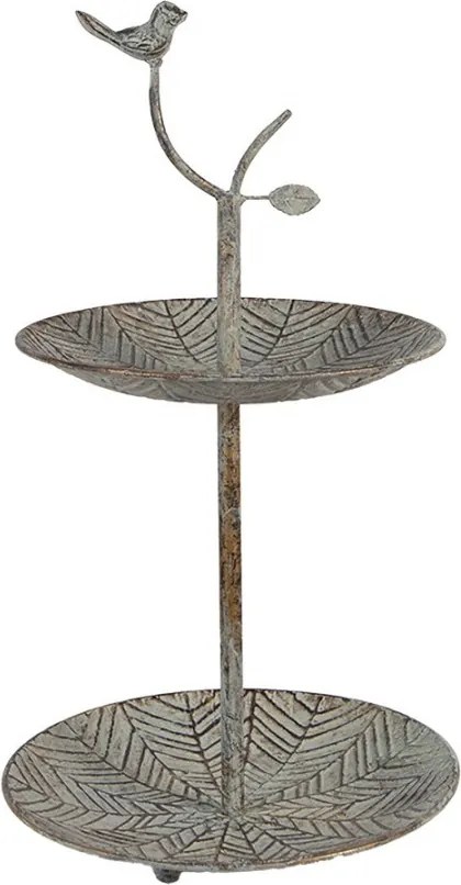 Zelenohnědý kovový dekorační dvoupatrový etažér s ptáčkem Birdie - Ø 26*48 cm