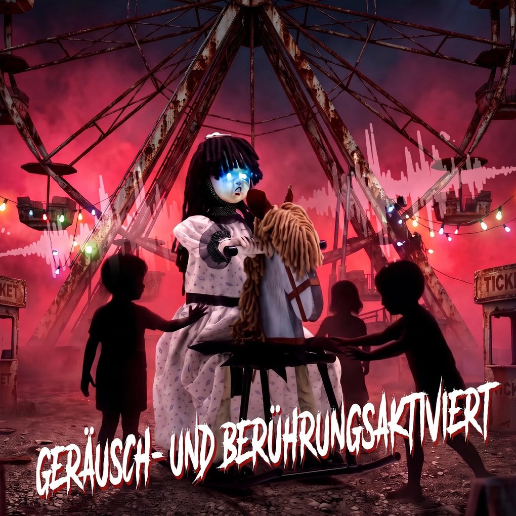 HOMCOM Animovaná Halloween dívka na houpacím koni s hrůzostrašnými rýmy, svítícíma očima a aktivací zvukem / dotykem