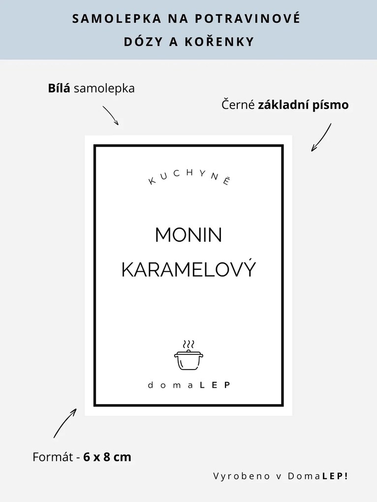 Samolepka na láhev MONIN KARAMELOVÝ 6 x 8 cm – bílá vinylová, voděodolná, omyvatelná samolepka na dózy, základní písmo
