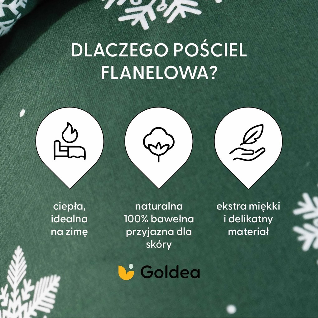 Goldea flanelové povlečení - sněhové vločky na zelené 240 x 220 a 2ks 70 x 90 cm