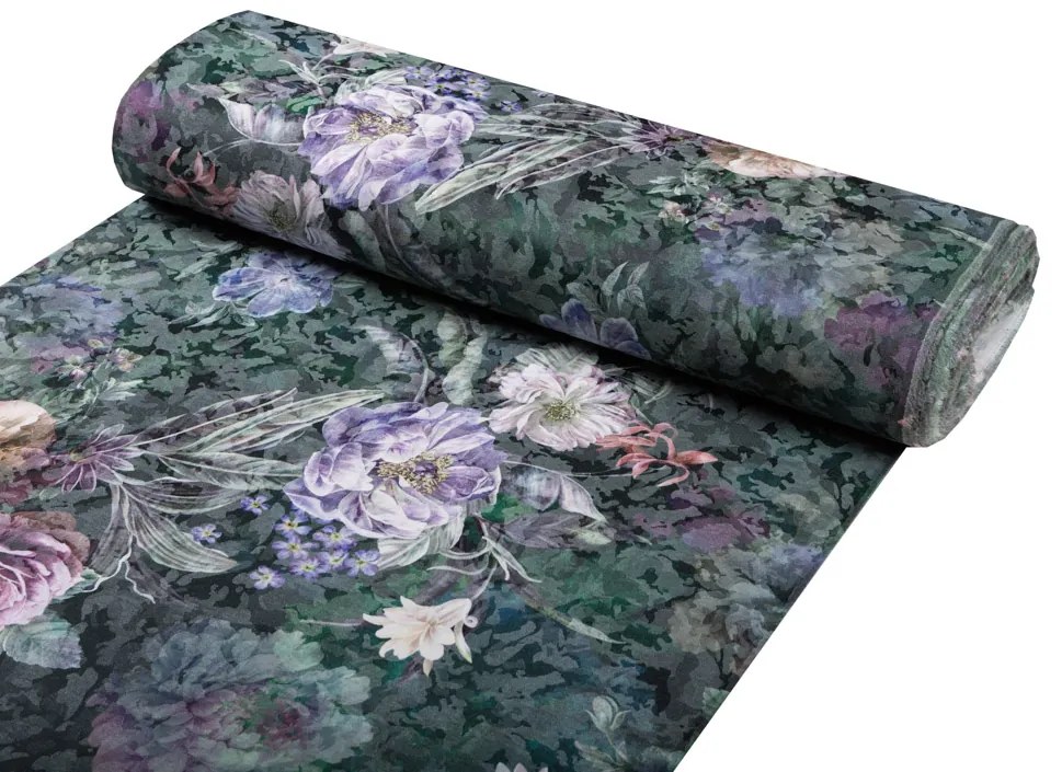 Biante Dekorační běhoun na stůl BM-010 Velké fialové květy na tmavě zeleném 20x180 cm