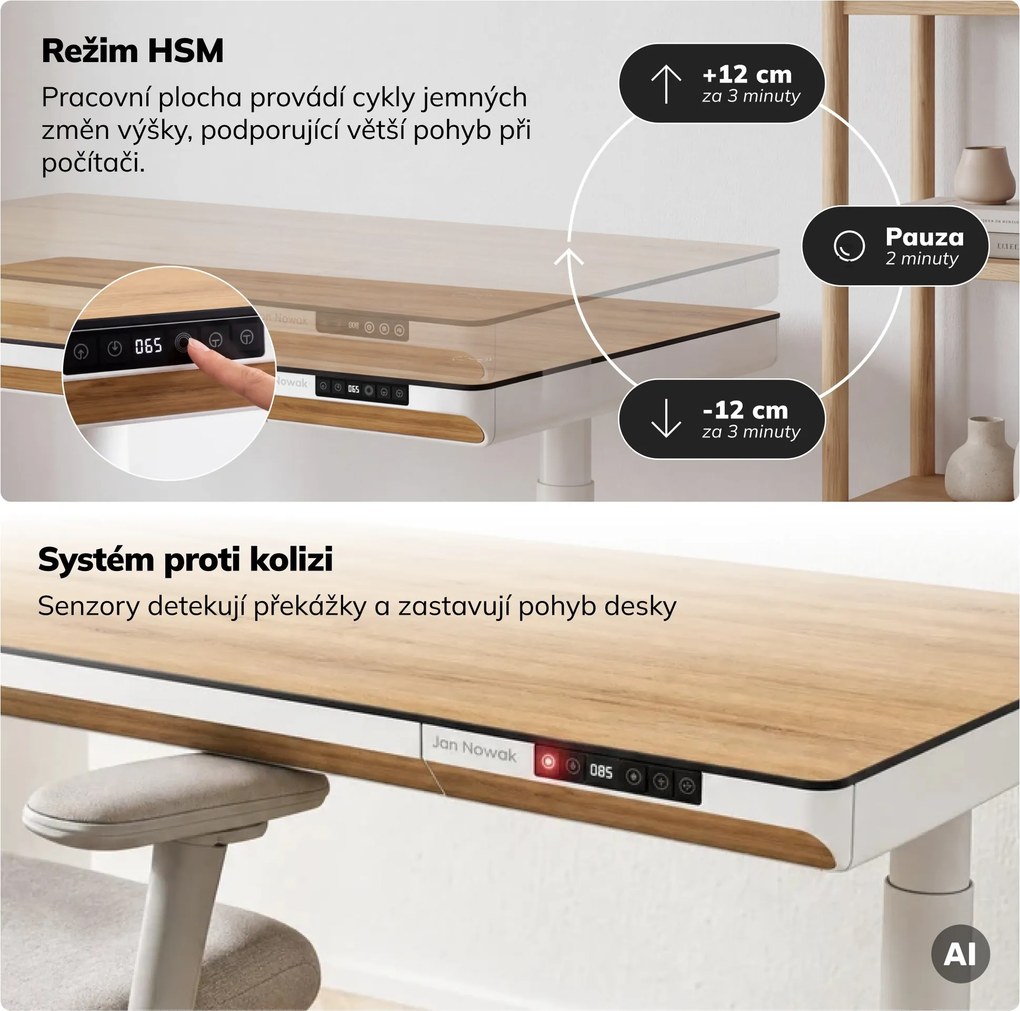 Elektrický psací stůl sit-stand se zásuvkou a bezdrátovou nabíječkou Qi bílý/zlatý dub, 1600 mm: ELLIS