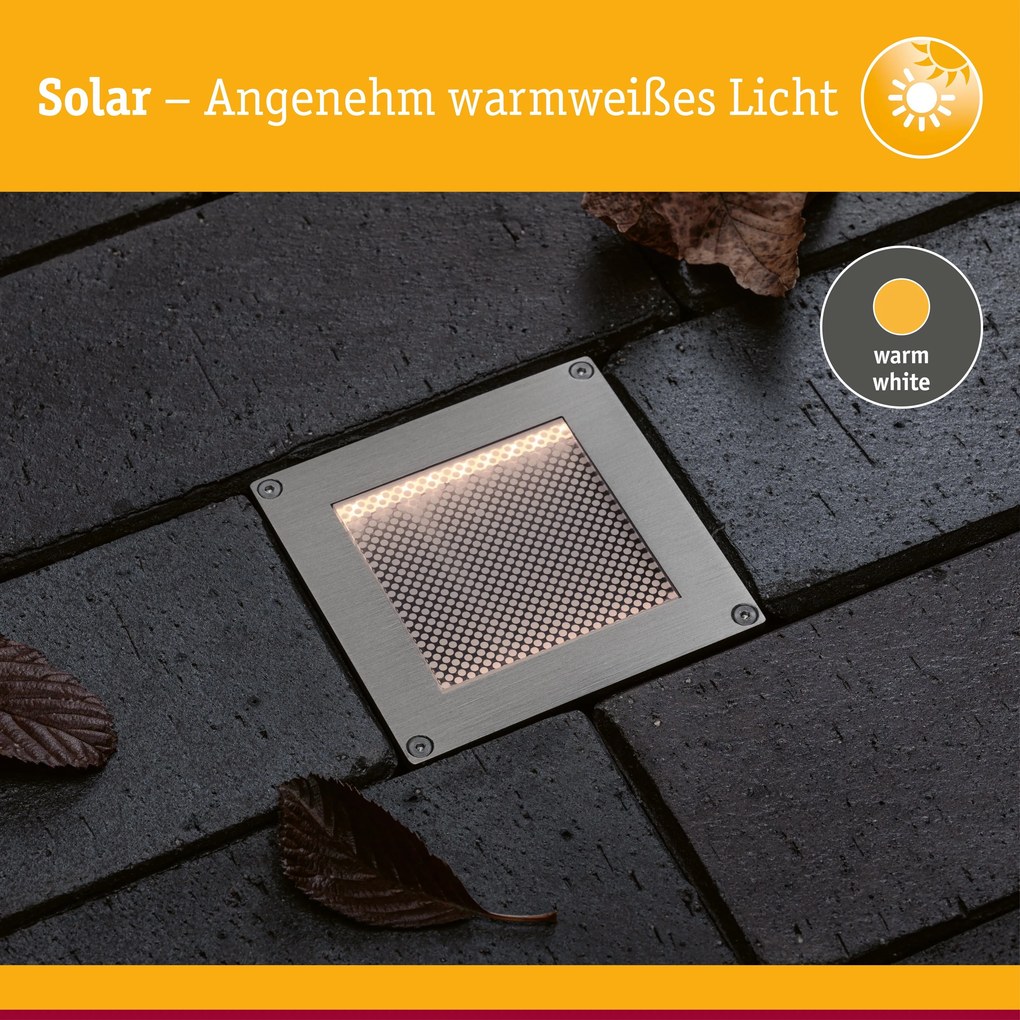 P 95742 Solární LED zemní svítidlo Sorea soumrakový senzor IP67 hranaté 100x100mm 3000K 0,1W 6lm 3,7V kov kartáčovaný ABS/polykarbonát/ocel - PAULMANN