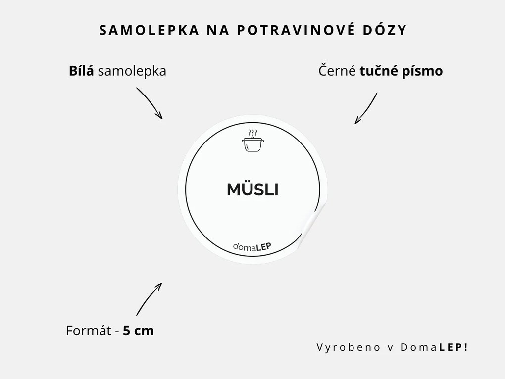 MÜSLI - omyvatelná samolepka na dózu, výběr rozměrů Ø 5 cm / 5 x 5 cm / 6 x 8 cm | DomaLEP tvar: KOLEČKO, barva: BÍLÁ - ČERNÉ písmo, velikost: Ø 5 cm - základní písmo