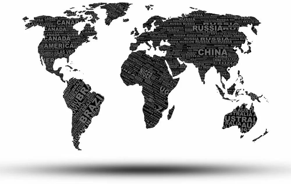 Samolepící tapeta černobílá mapa světa - 225x150 cm