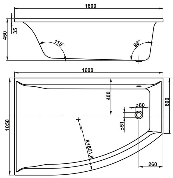 Vagnerplast Vana asymetrická s podporou VERONELA OFFSET 160×105 LEVÁ VERONELA OFFSET 160×105 LEVÁ