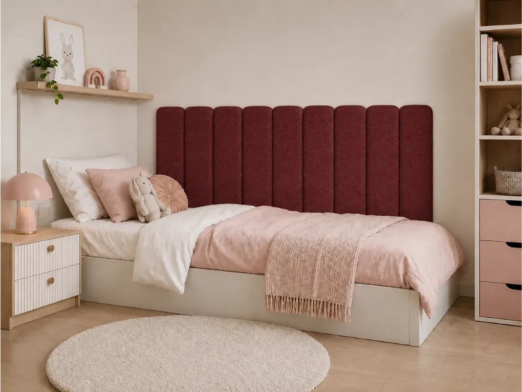 Rovný čalouněný panel na zeď PLYŠ se zaoblenými rohy Zvolte barvu: Vínová, Zvolte rozměr: 30x100 cm, Uchycení na zeď: Bez uchycení (možnost použití lepidla)