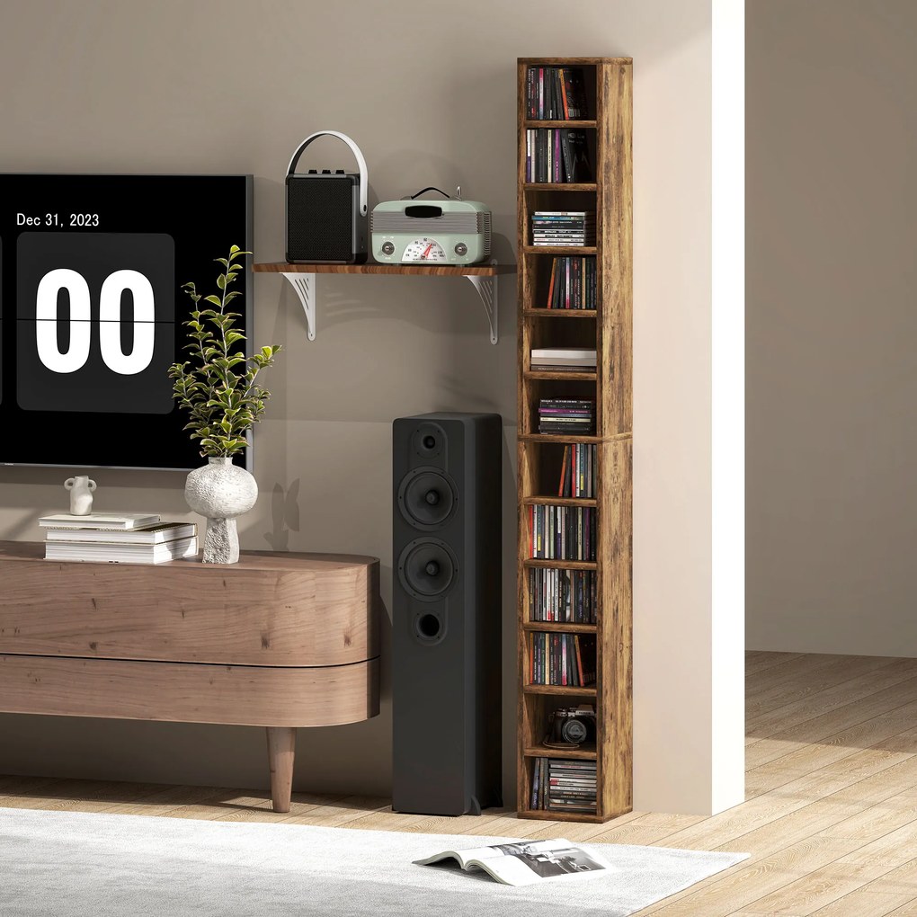HOMCOM stojan na CD/DVD, vysoký regál se 12 přihrádkami, pojme až 204 disků, rustikální hnědá — 175 × 21 × 20 cm