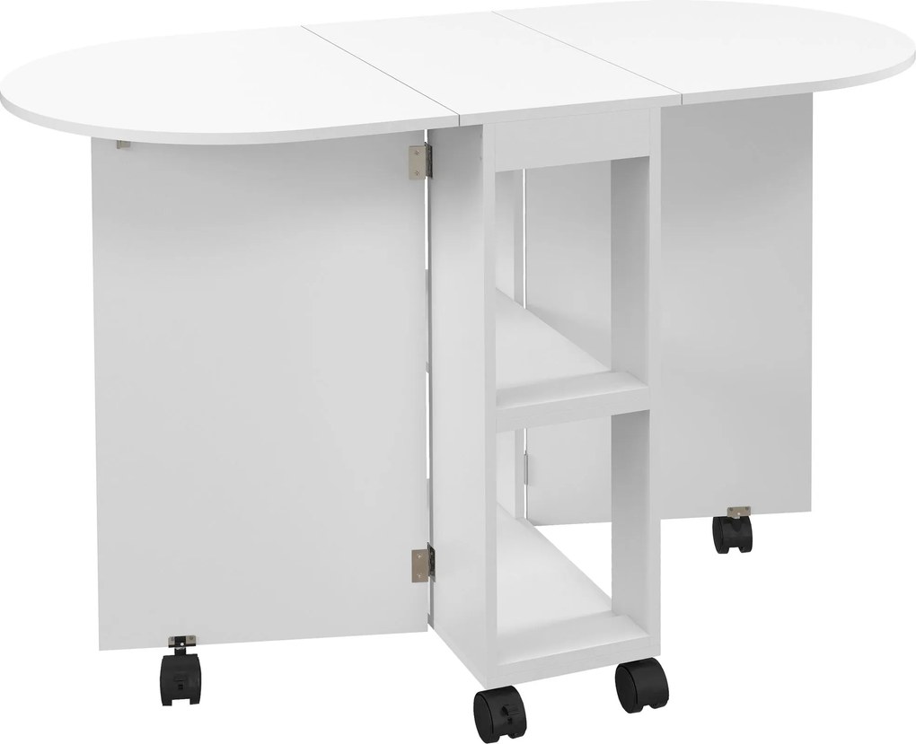 HOMCOM Skládací jídelní stůl na kolečkách s rozkládacími bočnicemi a 2 otevřenými policemi, moderní styl, nosnost 80 kg, 120x60x77 cm, bílý | Aosom