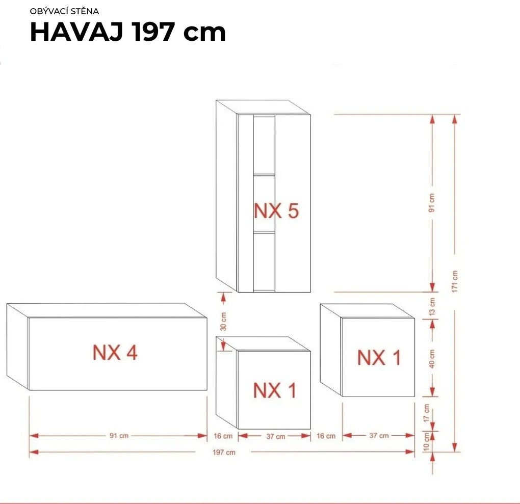Ral Obývací stěna HAVAJ 2, 197 cm - Bílo/černý lesk