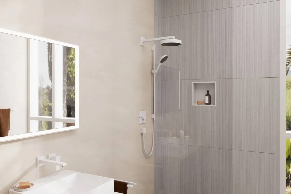 Hansgrohe Rainfinity, sprchová sada 130 3jet EcoSmart s tyčí S Puro 90 cm, bílá matná, HAN-28744700