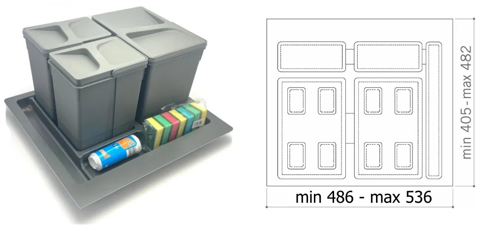 In-Design Systém odpadkových košů do zásuvky - PRAKTIK šířka skříňky 600 antracit Členění odpadkového koše: 2x15l (výška 270)