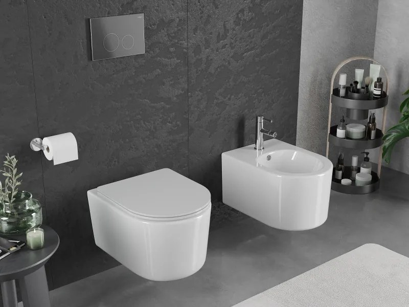 Mexen Sofia, závěsná WC mísa 490x360x355 mm, Rimless Tornádo + WC sedátko z duroplastu, bílá lesklá, 30540300T