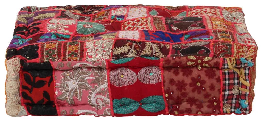 Sedací puf patchwork čtverec ručně vyrobený 50x50x12 cm červený 246575