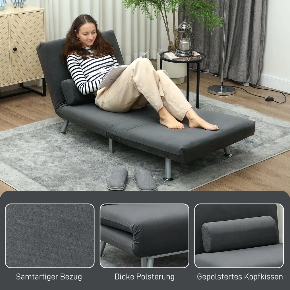 HOMCOM Skládací křeslo s funkcí postele, skládací polohovací křeslo v sametovém stylu, nastavitelná opěradla, 75 x 70 x 75 cm, tmavě šedá